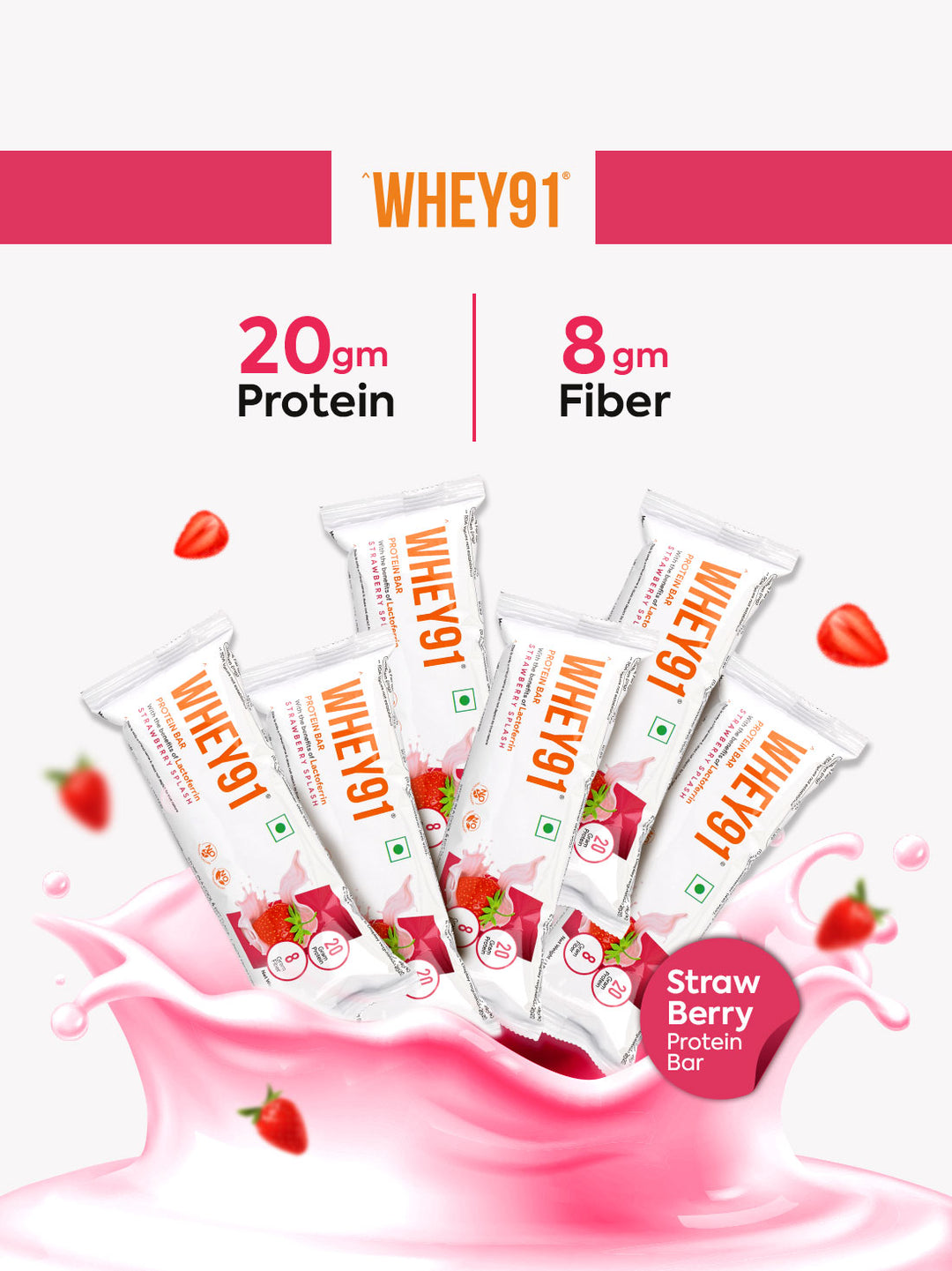 Buy 20g Whey Strawberry Protein Bar Online – Pack of 6 Bars | WHEY91 ...